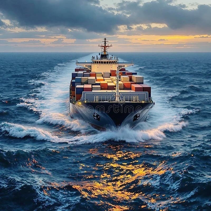 Container Ship Battling the Rough Seas at Dusk Stock Illustration ...