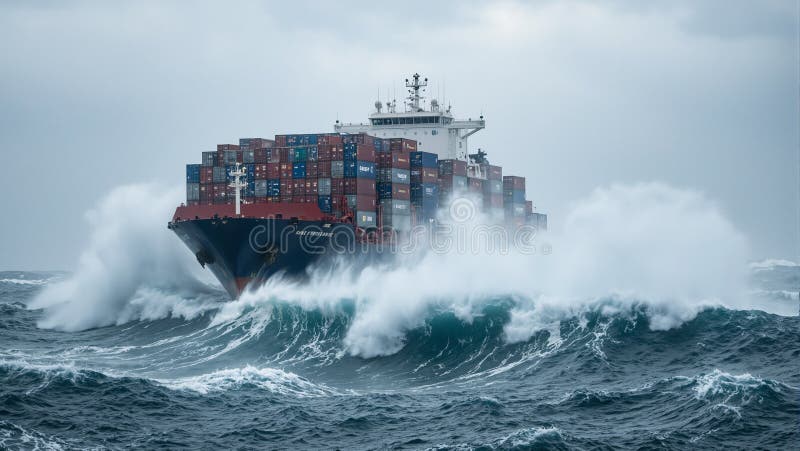 Container Ship Battling Storm with Cargo Containers on Deck Towering ...