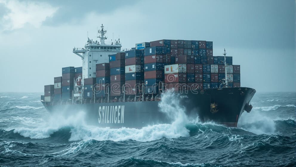 Container Ship Battling Storm with Cargo Containers on Deck Towering ...