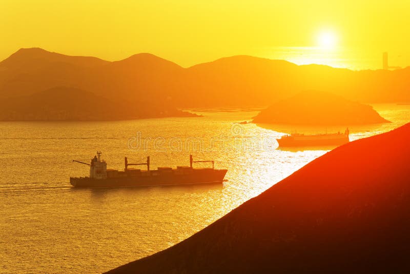 Container ship in the bay stock photo. Image of coastline - 36290160