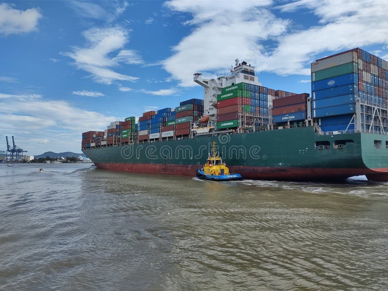 Container Ship Being Forwarded To the Port of Navegantes, SC, Brazil ...