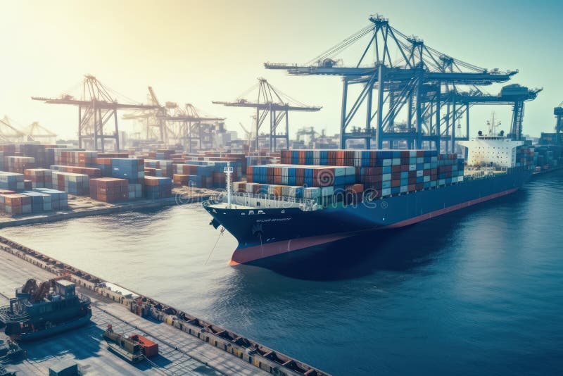 Container Ship at the Berth in the Cargo Terminal of the Port. a Fully ...