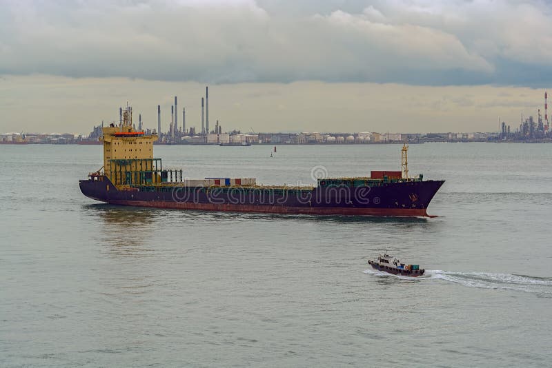 Container ship and boat. stock photo. Image of business - 129165248