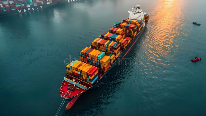 Container Ship at Busy Port Terminal Loading and Unloading Cargo for ...