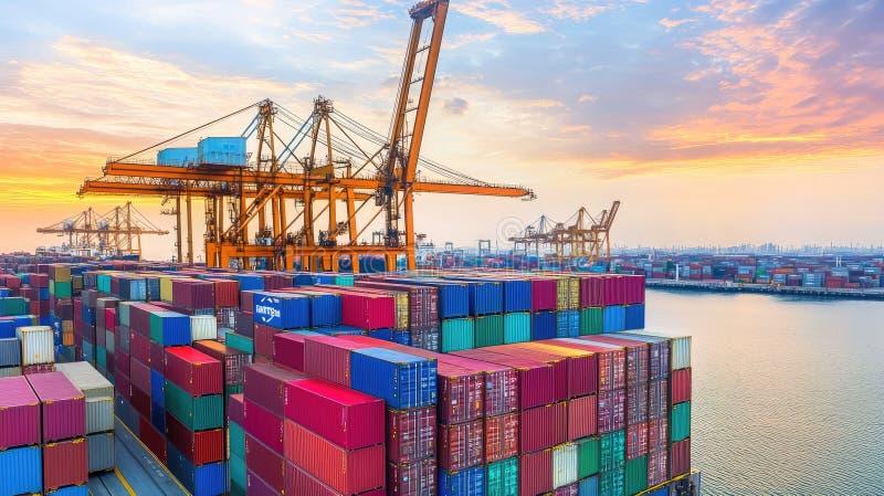 Container Ship Carrying Container Boxes Import Export Dock, Quay Crane ...