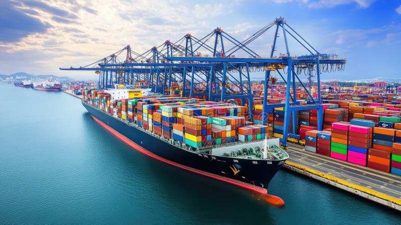 Container Ship Carrying Container Boxes Import Export Dock, Quay Crane ...