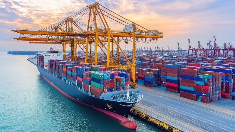 Container Ship Carrying Container Boxes Import Export Dock, Quay Crane ...