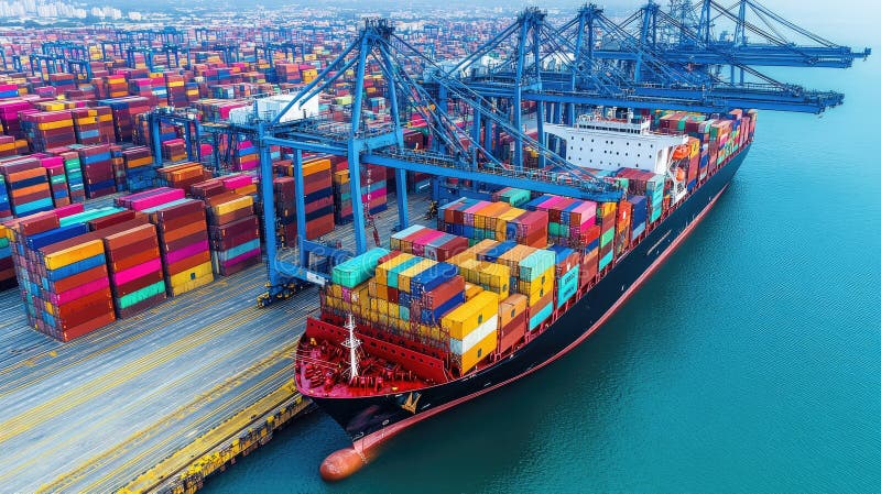 Container Ship Carrying Container Boxes Import Export Dock, Quay Crane ...