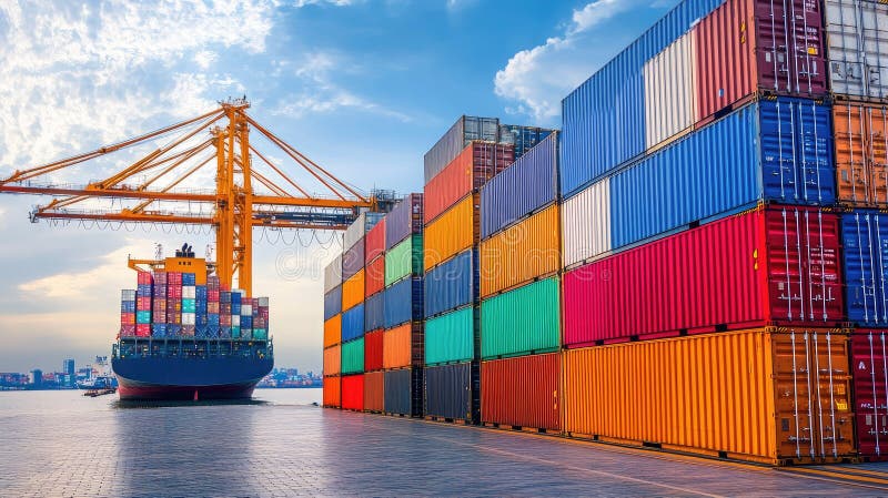 Container Ship Carrying Container Boxes Import Export Dock, Quay Crane ...