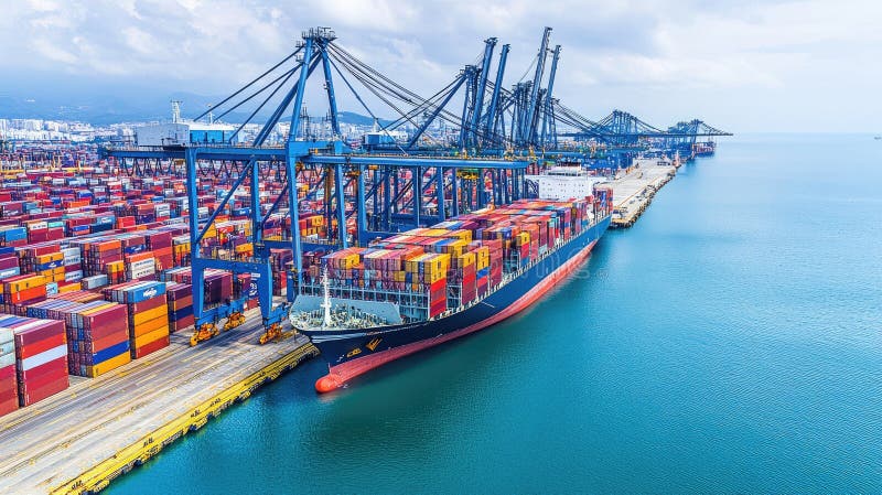 Container Ship Carrying Container Boxes Import Export Dock, Quay Crane ...