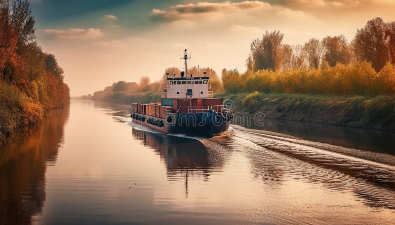 Container Ship Carrying Cargo through Tranquil Autumn Landscape ...