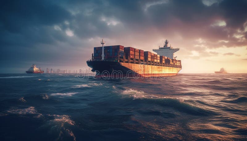 Container Ship Carrying Heavy Cargo at Sunset Generated by AI Stock ...
