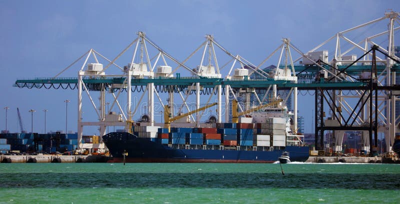 Container Ship in Commercial Port with Containers Stock Photo - Image ...