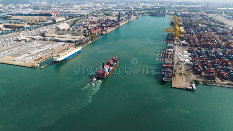 Container Ship and Commercial Port Load and Unloading Cargo from ...
