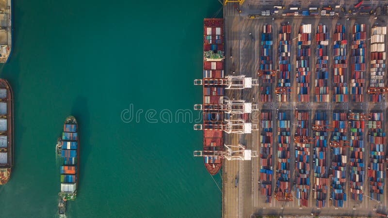 Container Ship and Commercial Port Loading and Unloading Cargo from ...