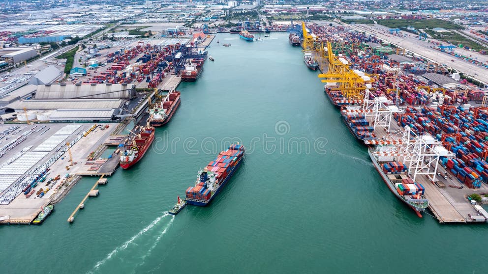 Container Ship and Commercial Port Loading and Unloading Cargo from Container Ship Import and ...