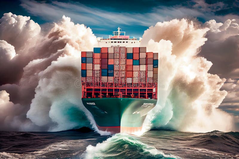 Container Ship Cuts through Giant Waves. Generative AI, Generative, AI ...