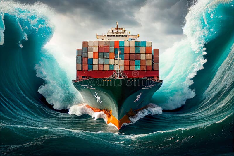 Container Ship Cuts through Giant Waves. Generative AI, Generative, AI ...