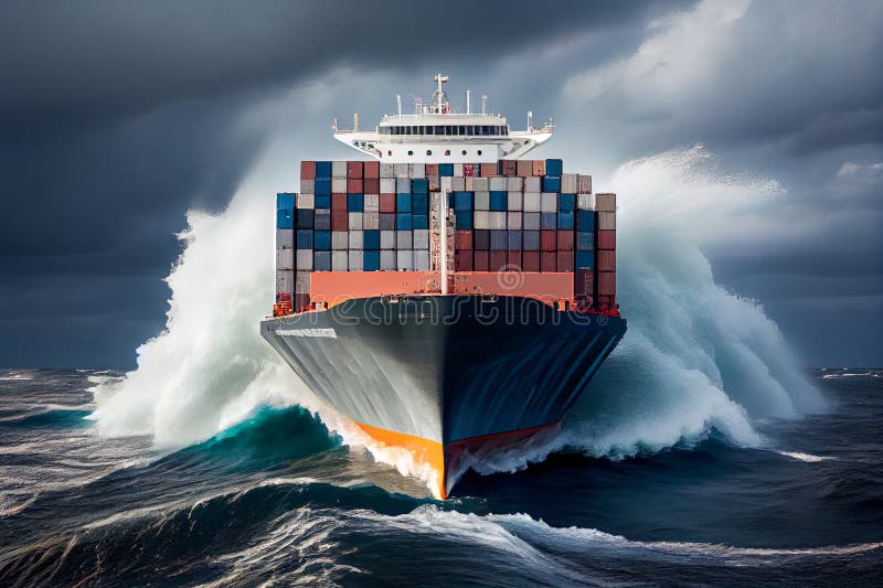Giant Container Ship, Fully Loaded, Seen from Above in the Middle of ...