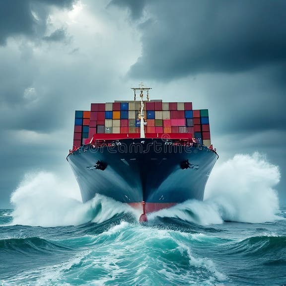 Container Ship Cuts through Towering Waves As a Storm Stock ...