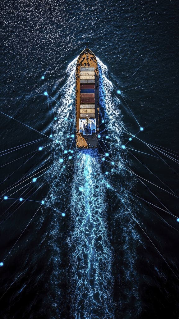 Container Ship Cutting through Digital Ocean Landscape Stock ...
