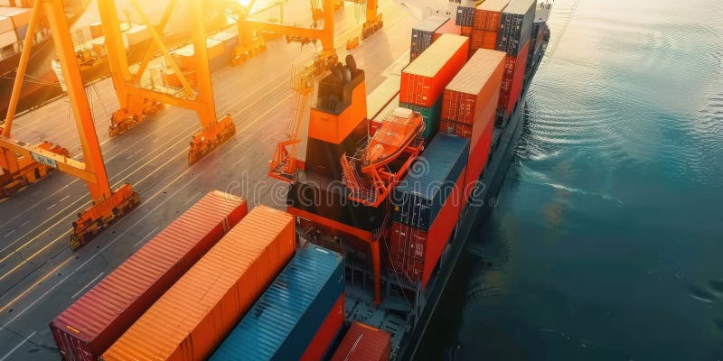 Container Ship Docked at a Busy International Shipping Port with Large ...