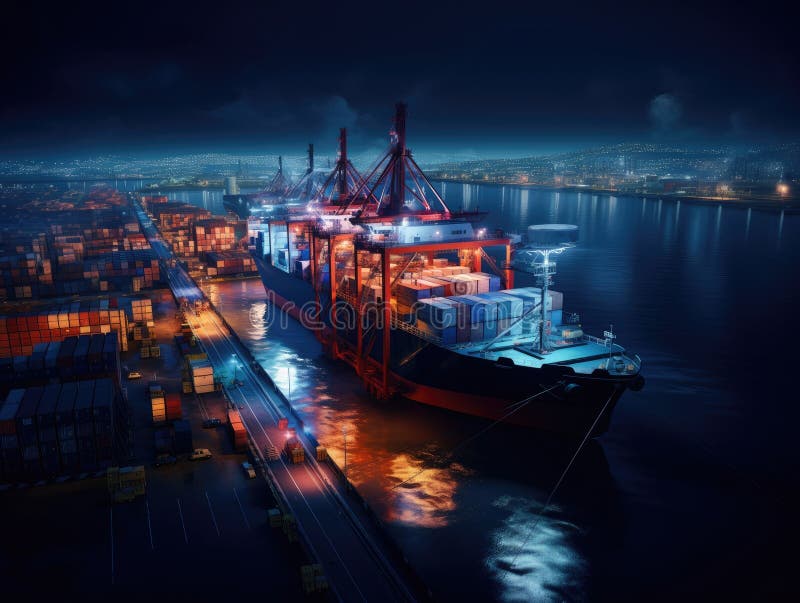Nocturnal Glow at the Cargo Port Stock Illustration - Illustration of ...