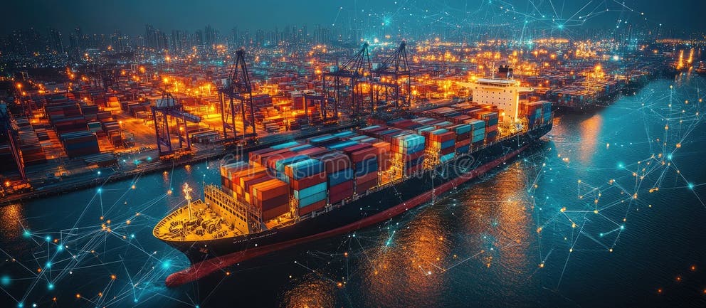 CONTAINER SHIP DOCKED at a BUSY PORT at NIGHT with NETWORK of DATA ...