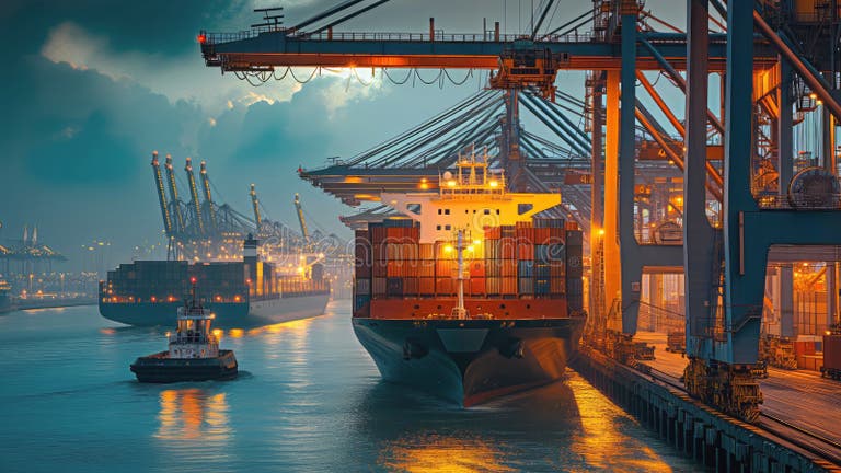 A Container Ship is Docked in the Harbor at Night Under the Cloudy Sky ...