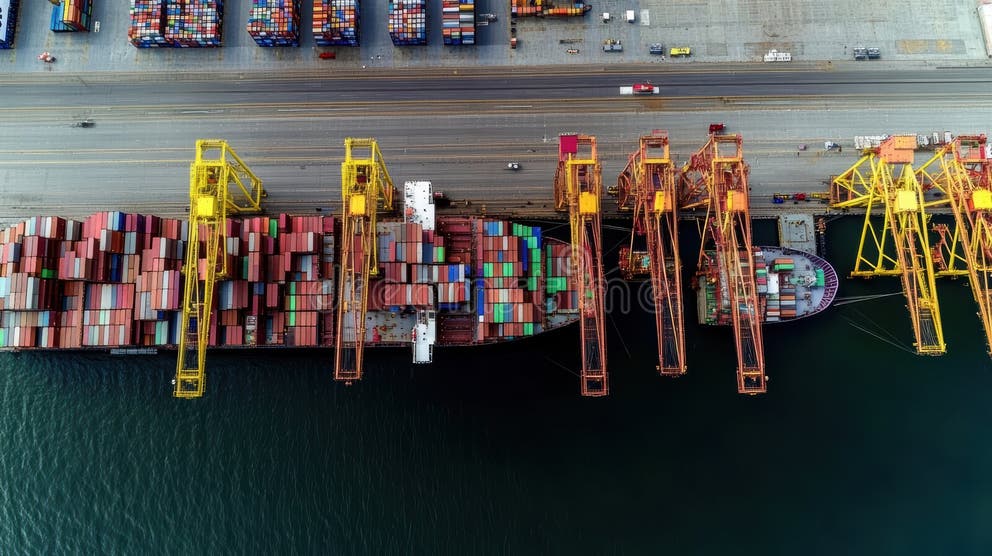 Container Ship Docking at a Busy Cargo Port with Cranes Loading Stock ...