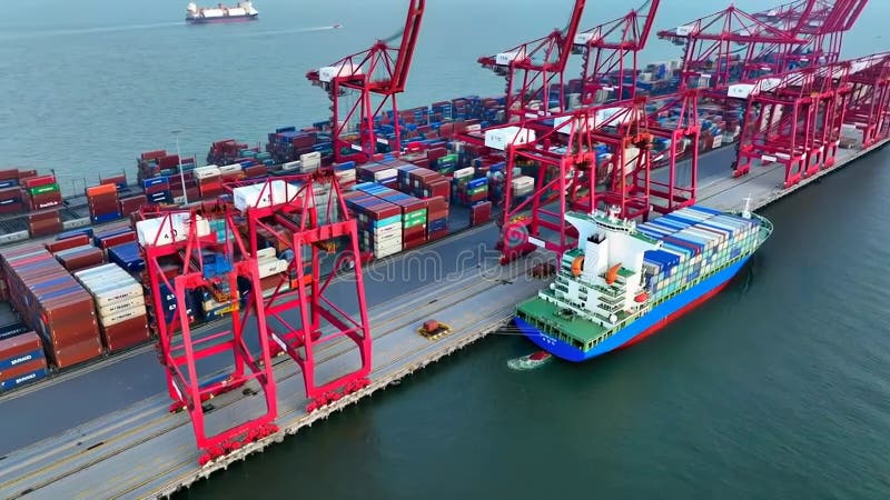 Container Ship Docking at a Busy Port Stock Video - Video of chain ...