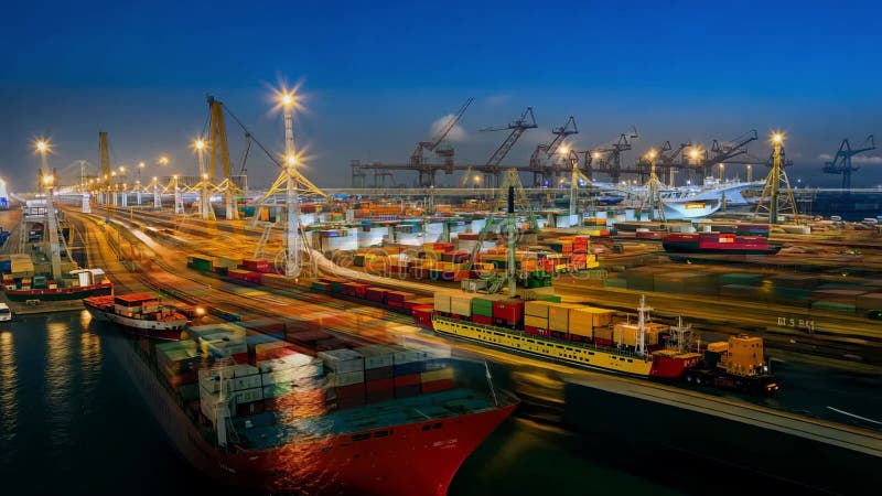 Container Ship Docking at a Busy Port at Night Stock Footage - Video of ...