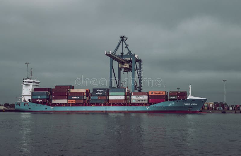 Container Ship Docking in the Port Editorial Photography - Image of ...