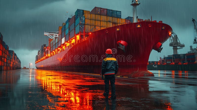 Container Ship Docking in Rain at Harbor with Bright Lights Reflecting ...