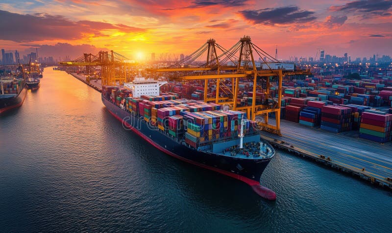 Container Ship Docking Vibrant Sunset Busy Port Cranes Cargo Stock ...