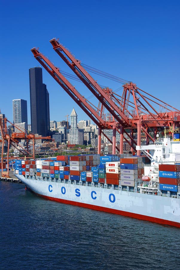 Container Ship and Dockyard Cranes, Seattle Waterfront Editorial Stock ...