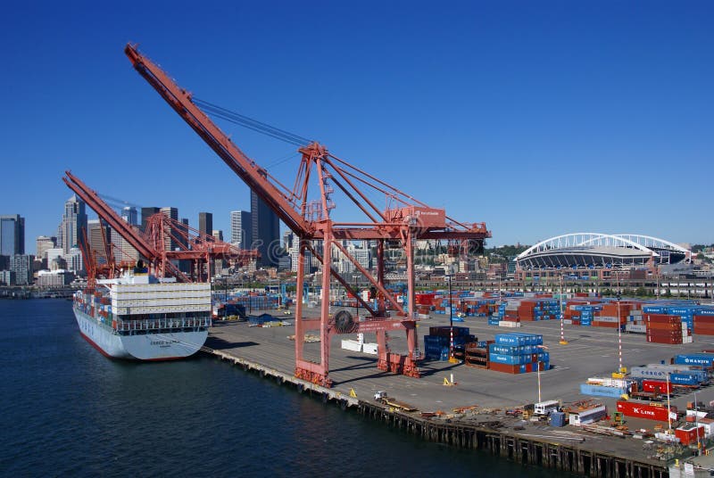 Container Ship and Dockyard Cranes, Seattle Waterfront Editorial Photo ...