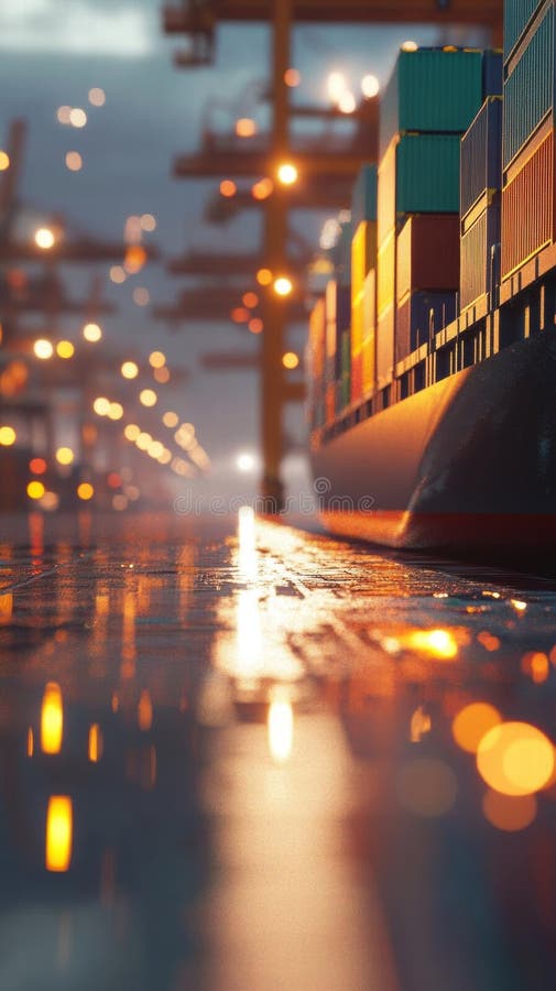 Container Ship at Dusk with Wet Pavement and Defocused Lights Stock ...