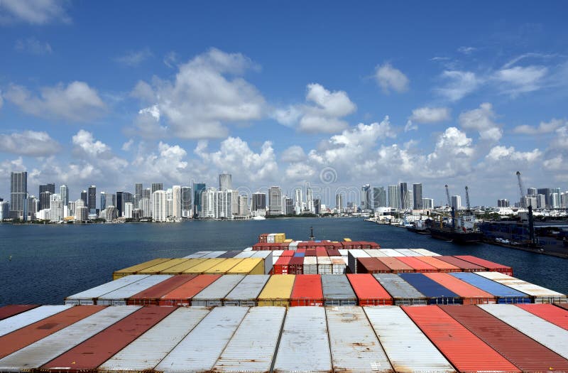 Container Ship Entering Port of Miami. Stock Image - Image of ship ...