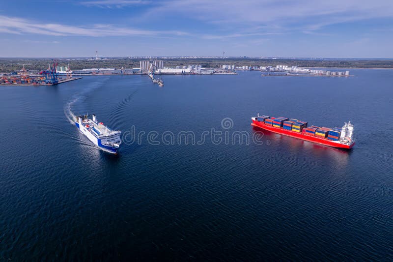 Container Ship and Ferry on Collision Course in Port Equatorial Area ...