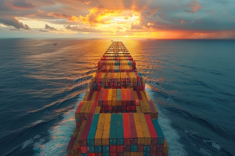 Container Ship Floating in Ocean at Sunset, Surrounded by Clouds and ...