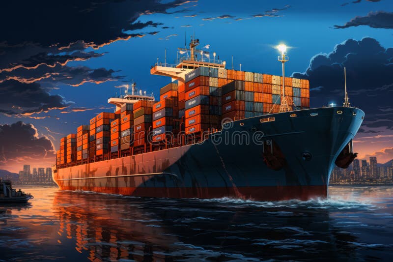 A Container Ship Floats on Calm Water Under Cloudy Sky Stock Photo ...