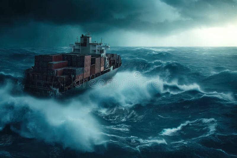 Container Ship Floats in Ocean Amid Storm that Involves Large Waves a ...