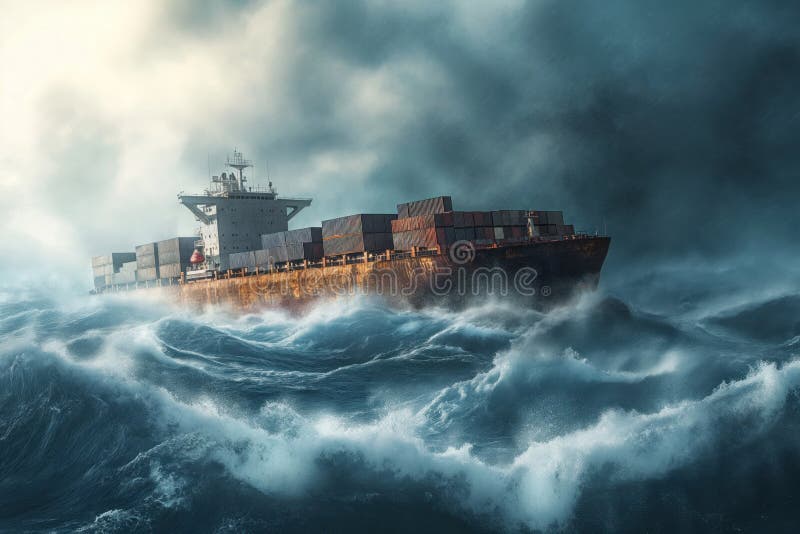 Container Ship Floats with Ocean during Severe Storm with Big Waves a ...