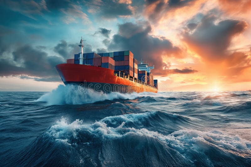 Container Ship Floats with Ocean Splashing Big Waves during a Storm ...