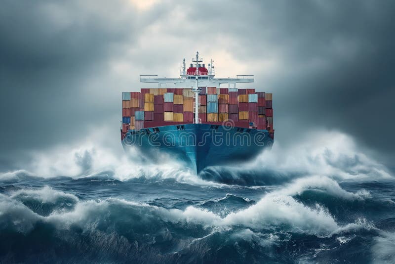 Container Ship Floats with Ocean during Splashing Storm Accompanied by ...