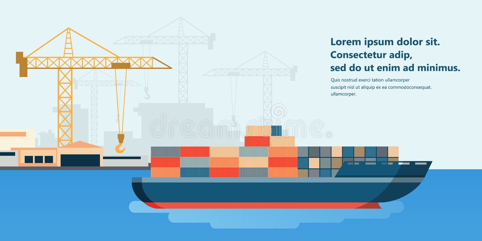 Container Ship at Freight Port Terminal Unloading. Merchant Marine ...