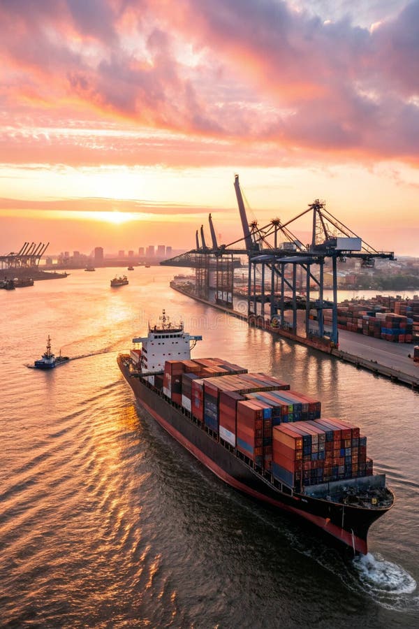 Container Ship with Full of Cargo Entering a Port at Sunset ...