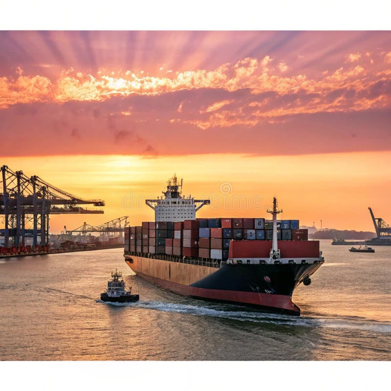 Container Ship with Full of Cargo Entering a Port at Sunset ...