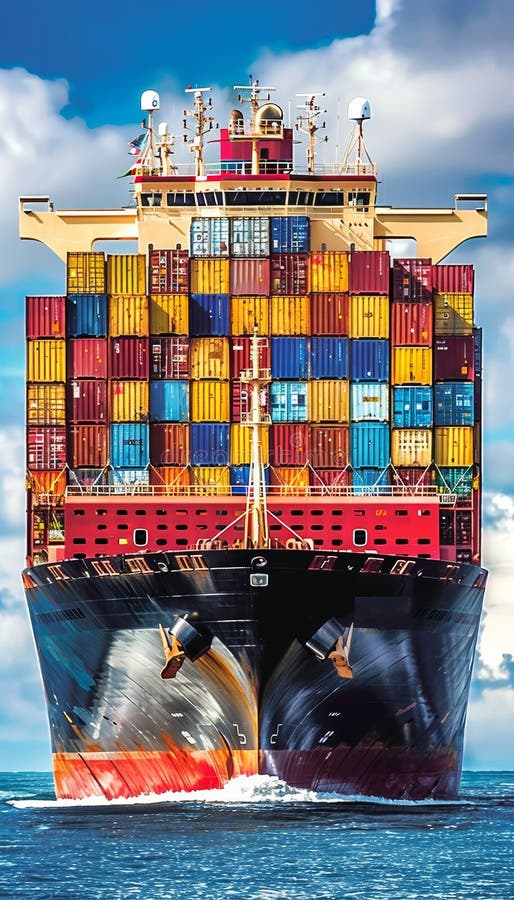 Container Ship Fully Loaded Front View in Vibrant Blue Ocean with Clear ...